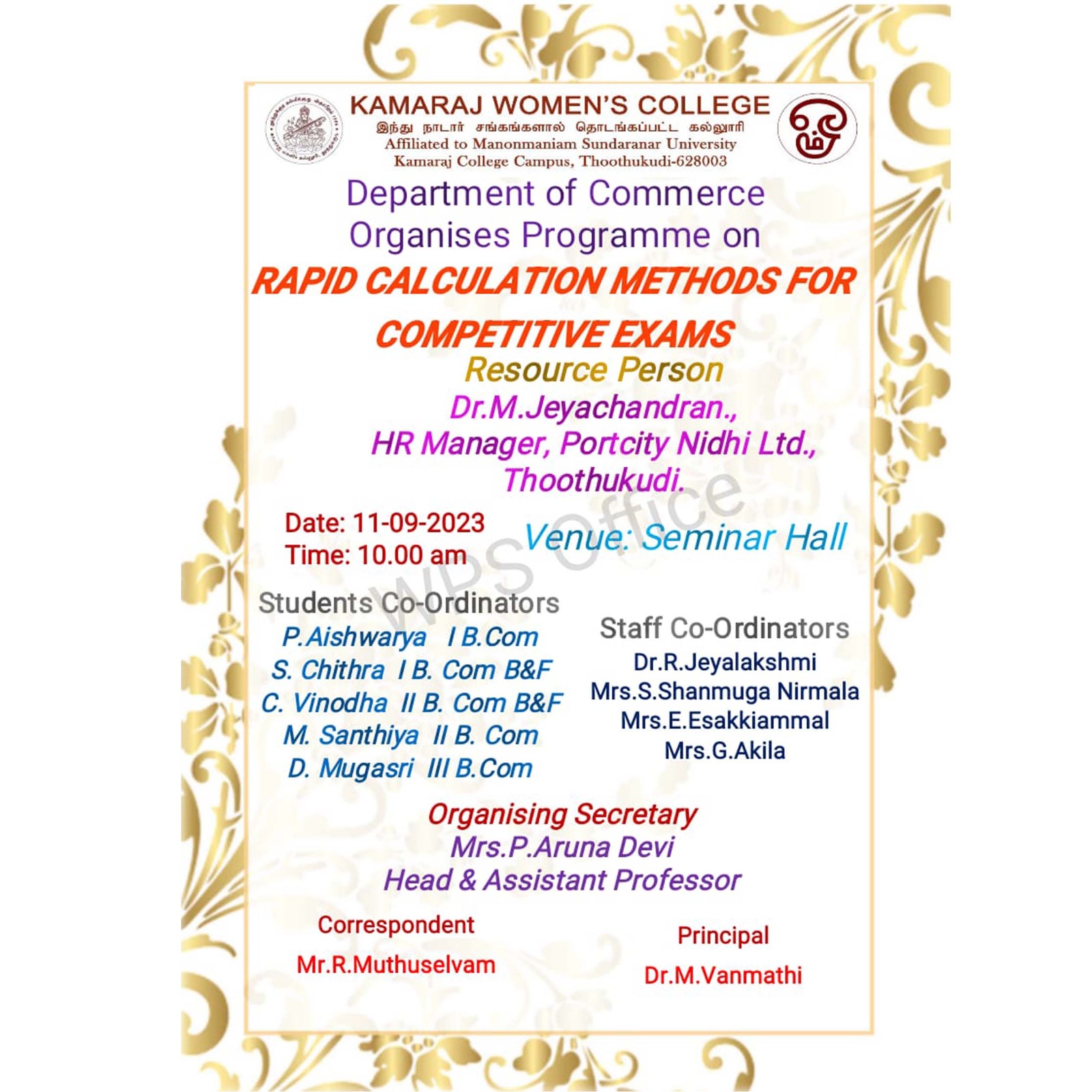 Programme on Rapid Calculation Methods for Competitive Exams - காமராஜ் ...